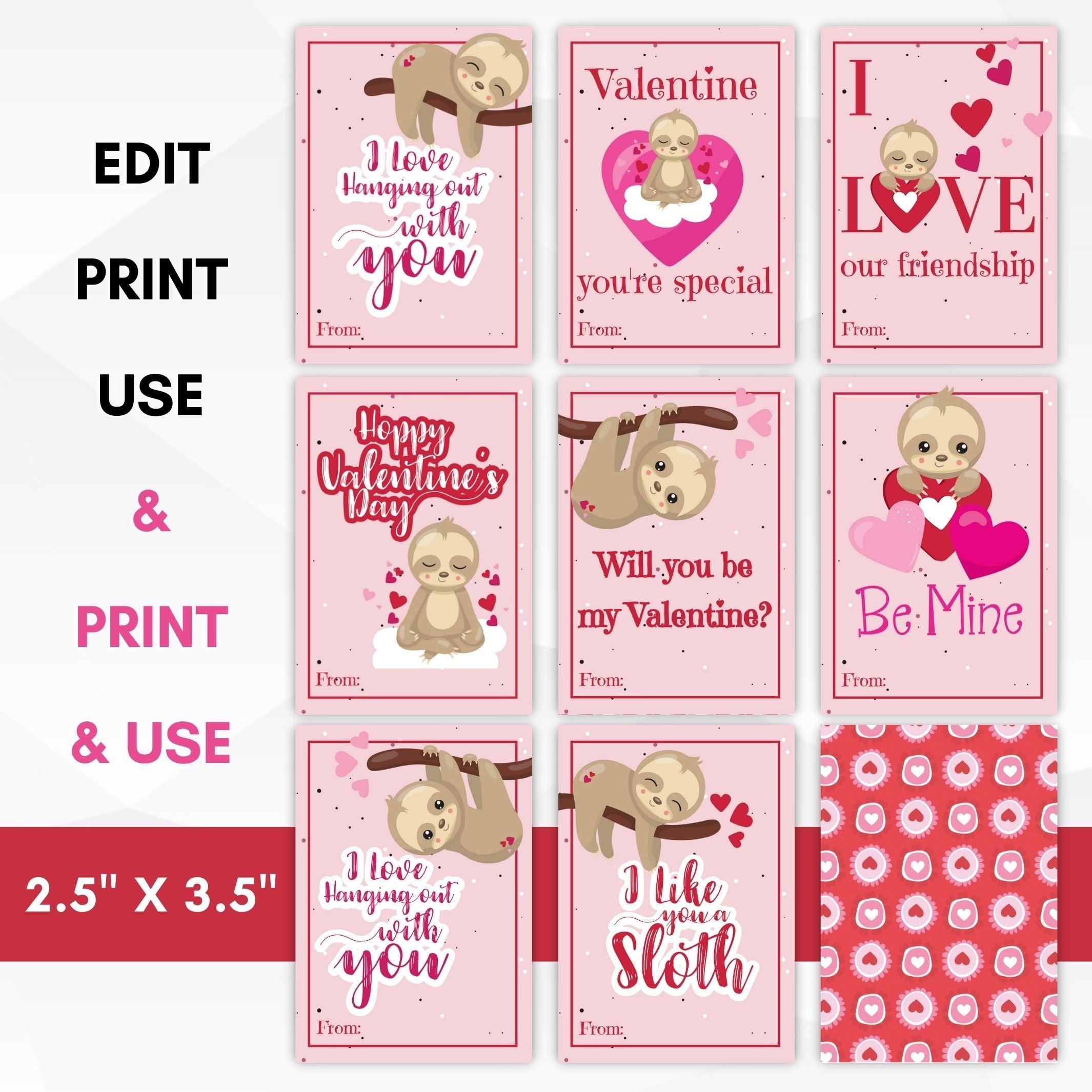 Editable Pink Sloth Valentines Cards – Simple Desert Designs