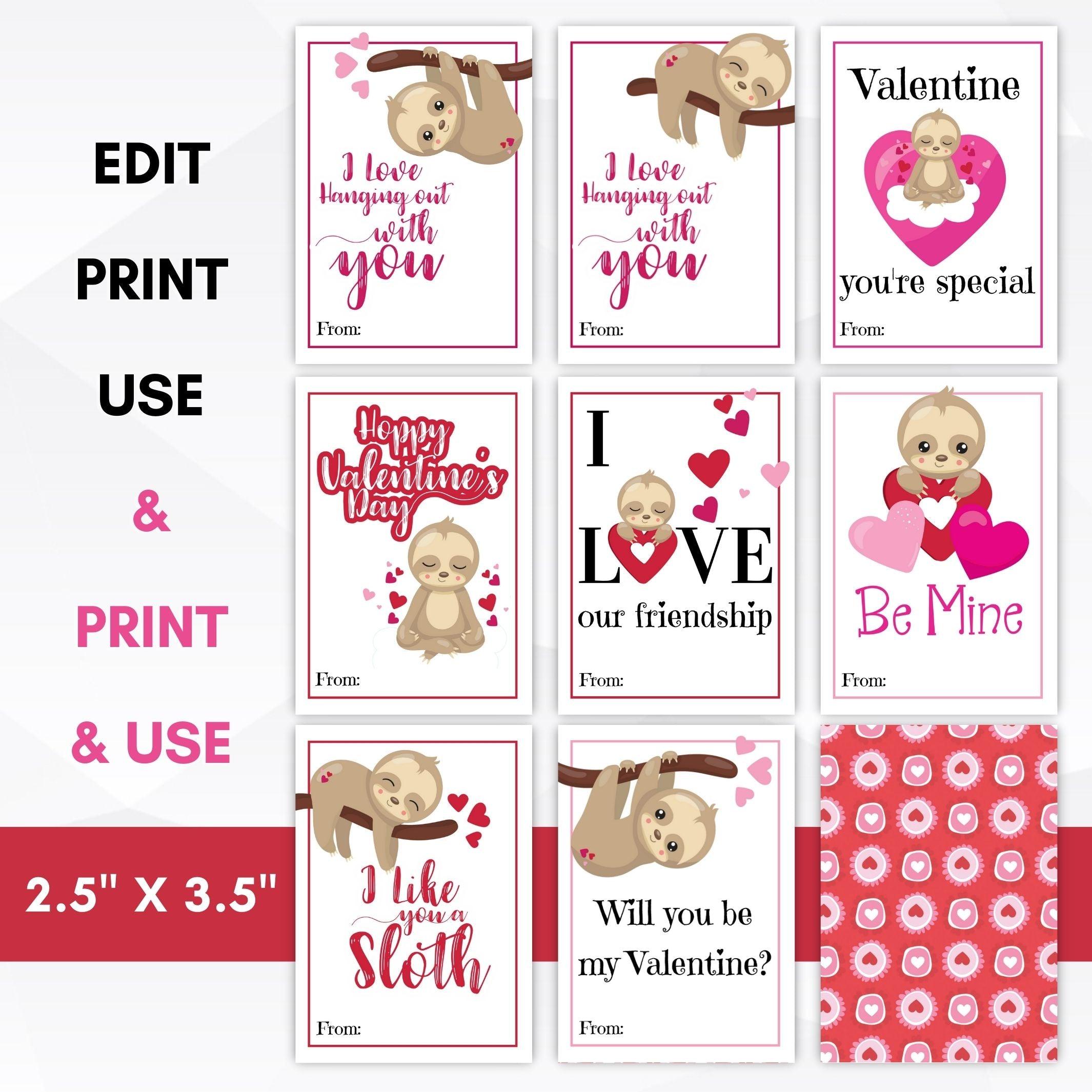 Editable Sloth Classroom Valentines Cards – Simple Desert Designs