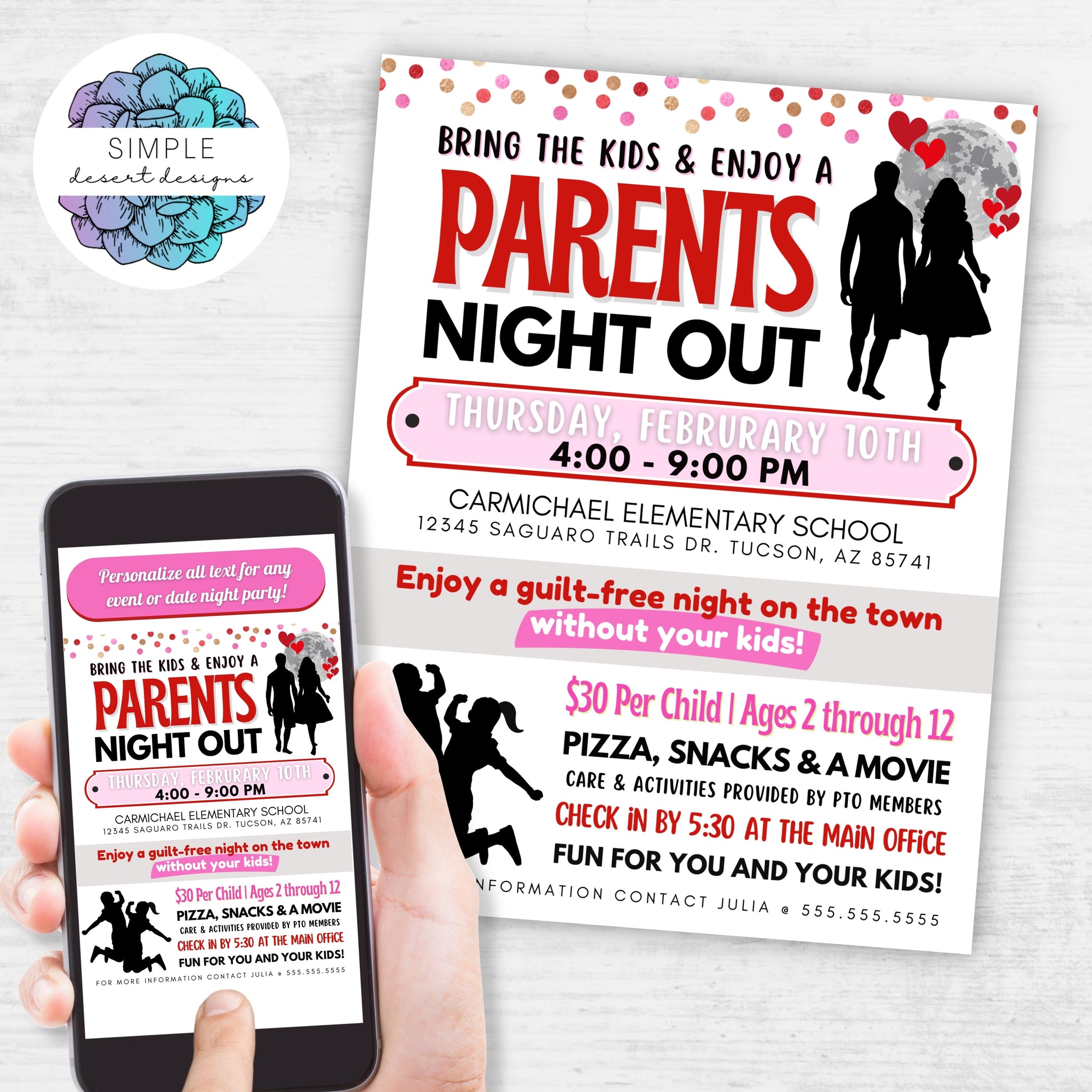 Valentine Parents Night Out Flyer - Simple Desert Designs