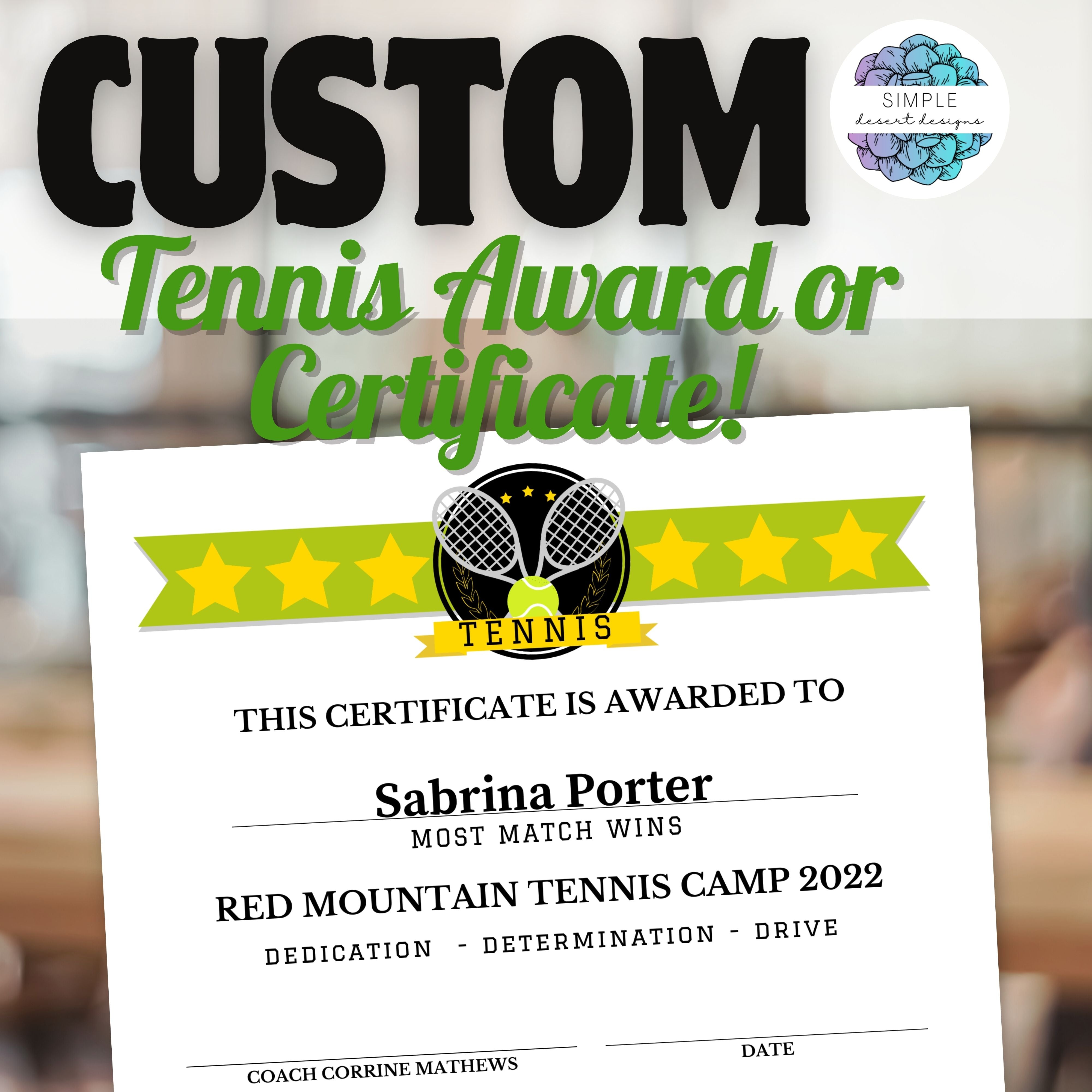 Editable Tennis Certificates Awards – Simple Desert Designs