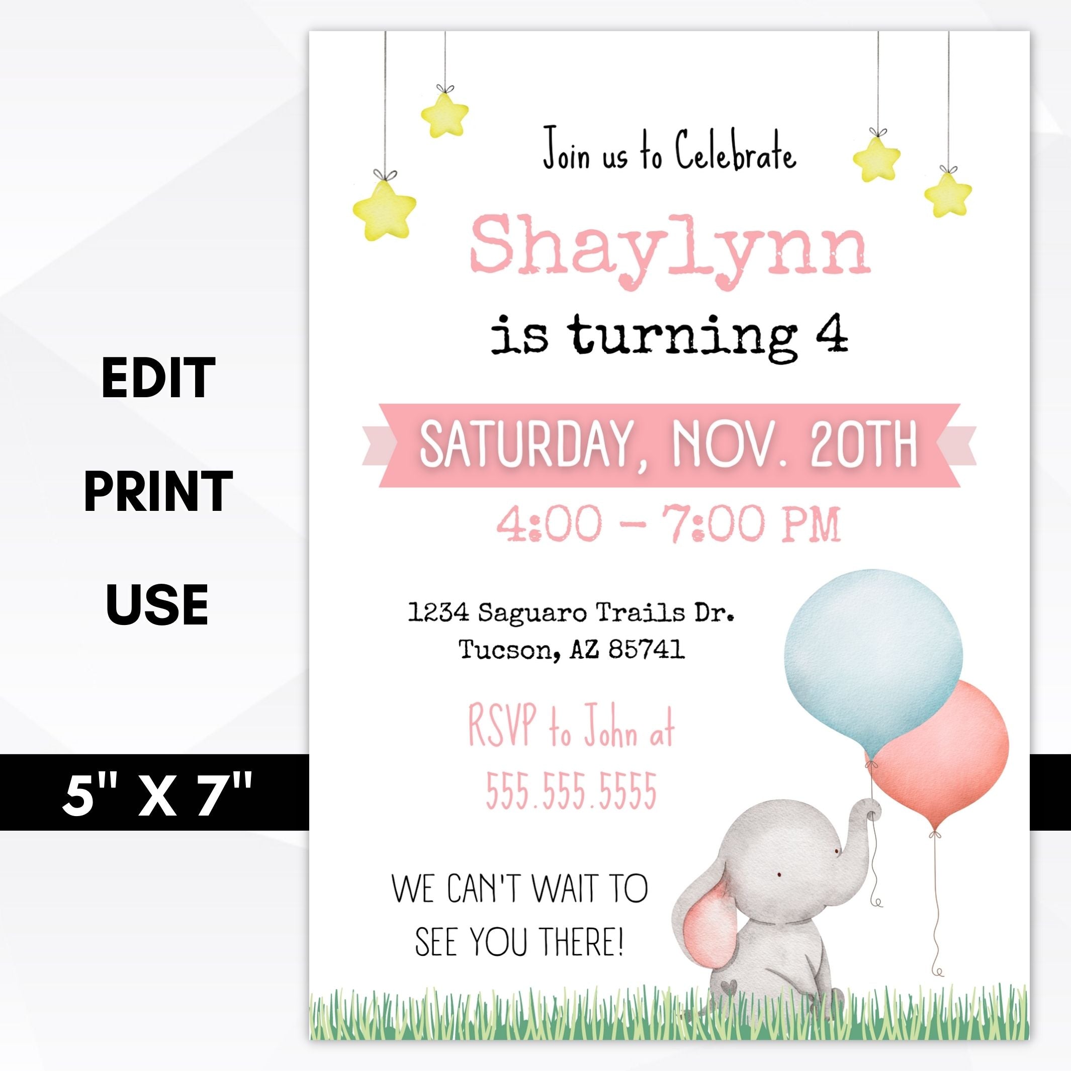Elephant Birthday Party Invitation – Simple Desert Designs
