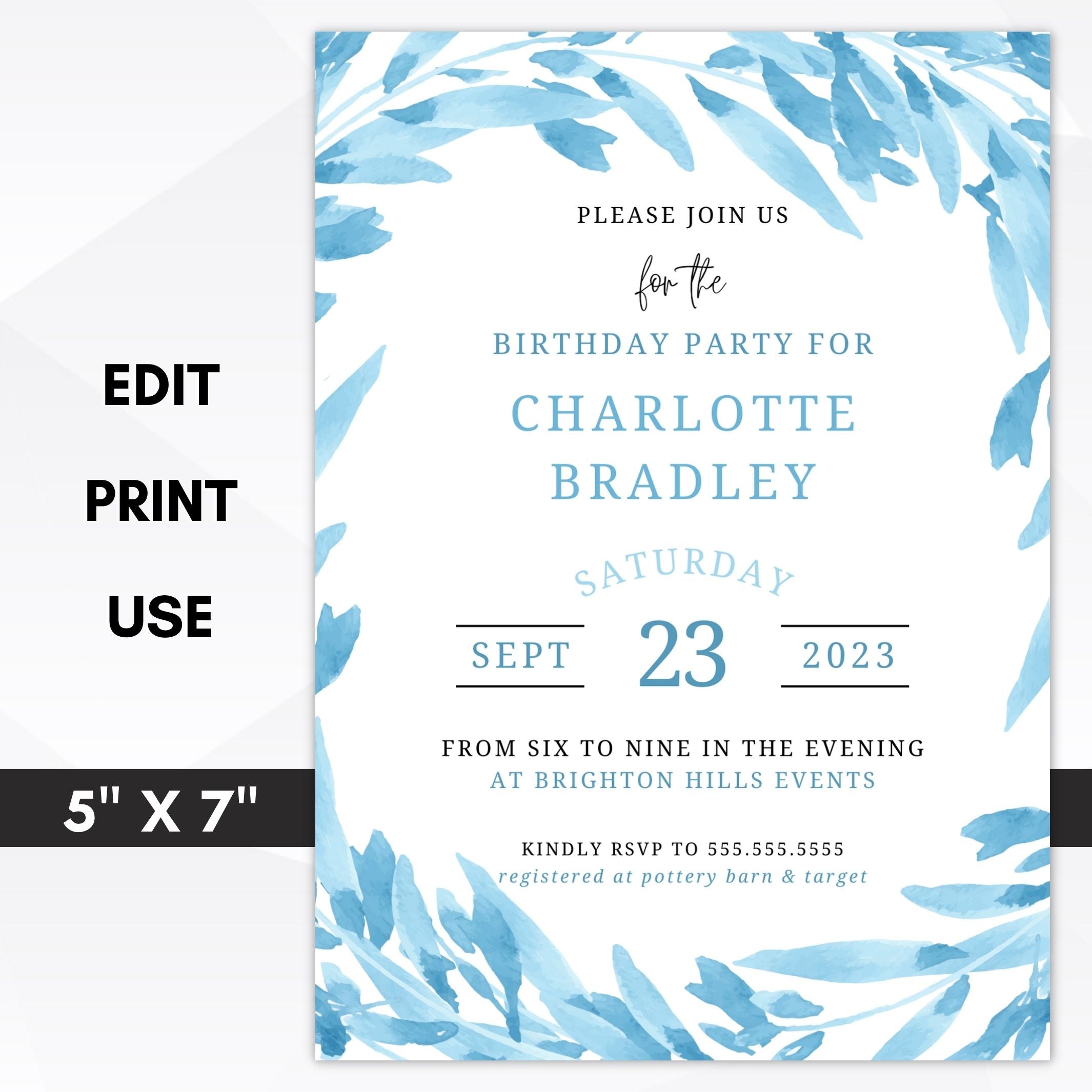 Blue Watercolor Birthday Invite – Simple Desert Designs