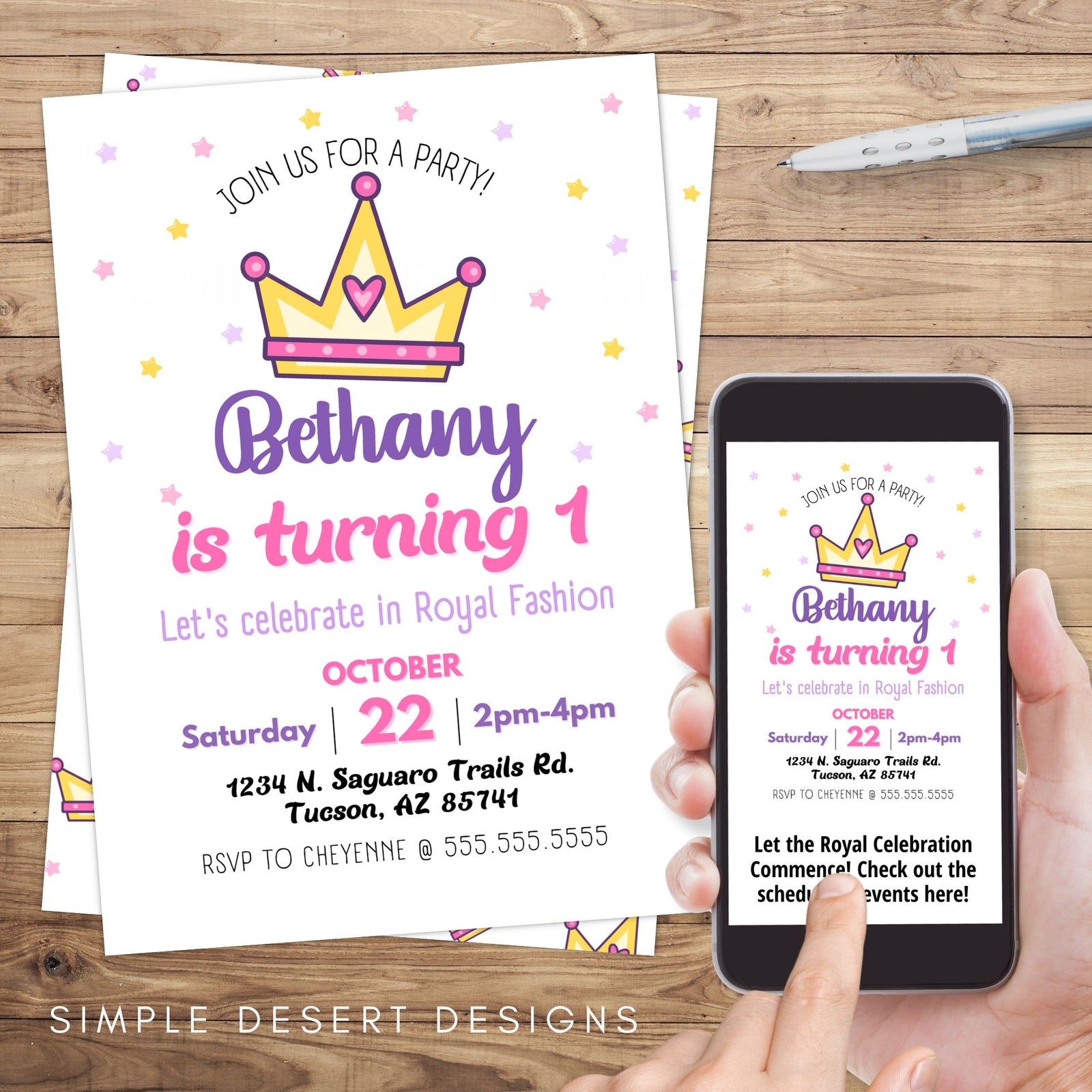 Princess Crown 1st Birthday Invitation - Simple Desert Designs