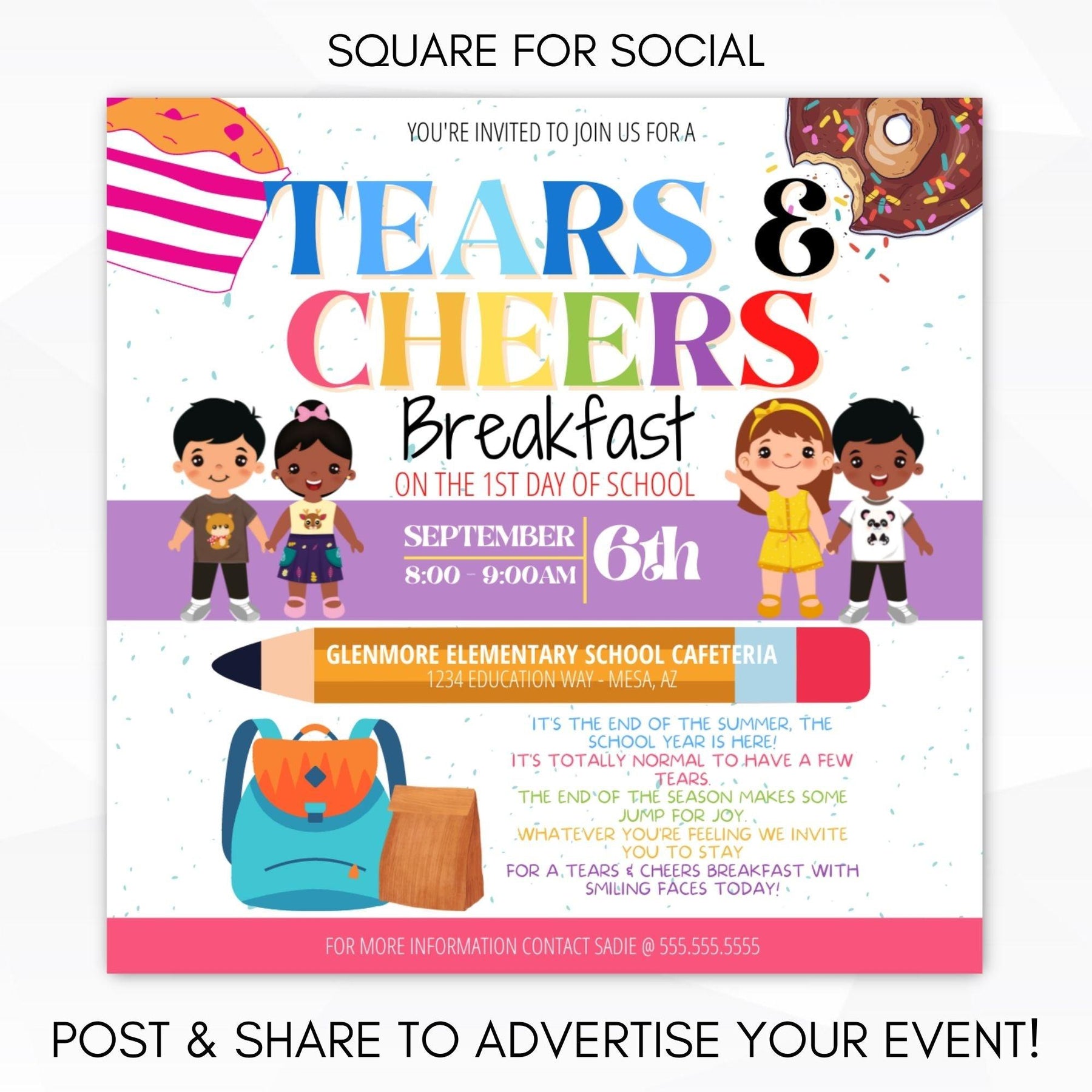 Tears and Cheers school flyer template with editable Canva layout