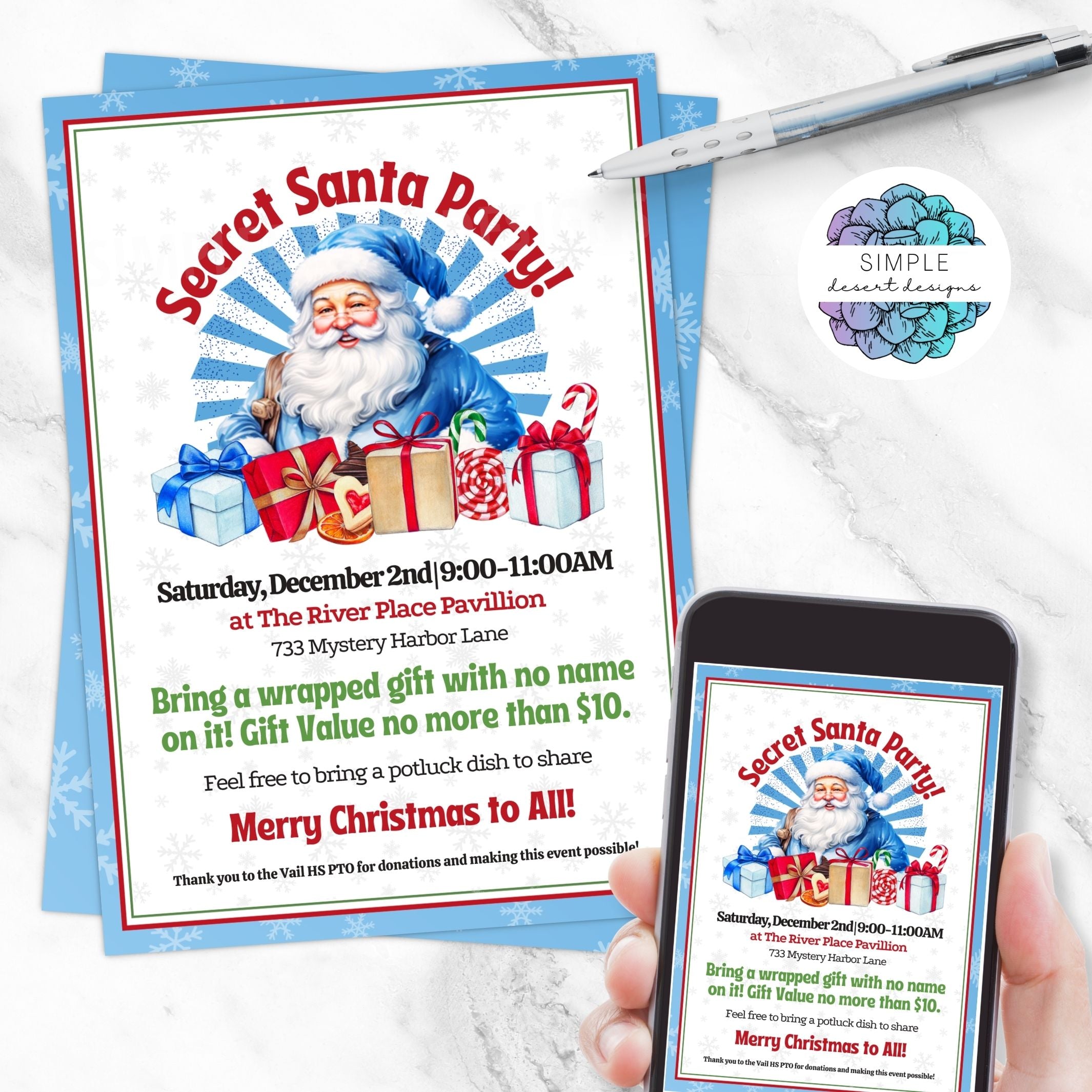 Blue Christmas Secret Santa Party Invitations – Simple Desert Designs