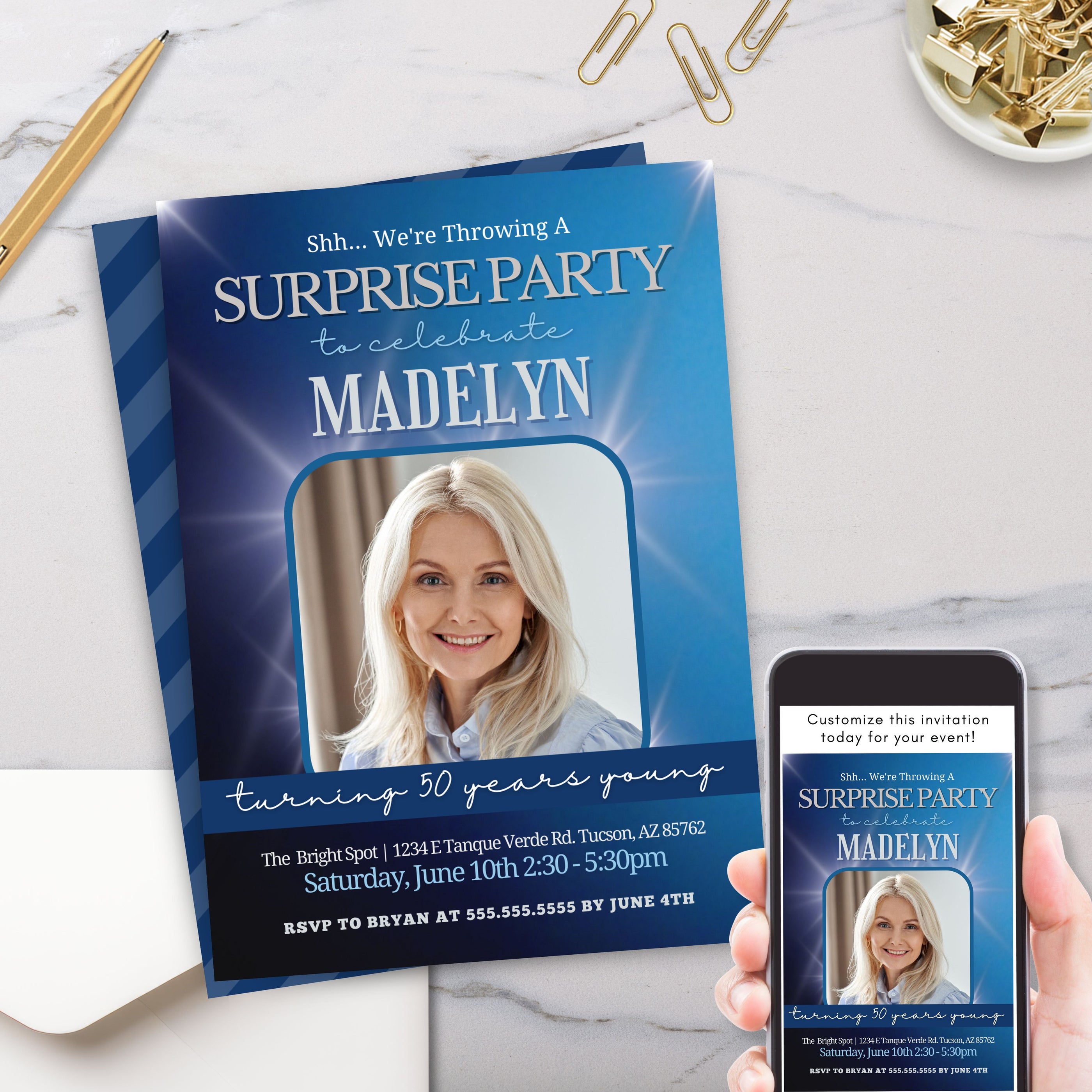 Blue Surprise Birthday Invitation Template - Simple Desert Designs