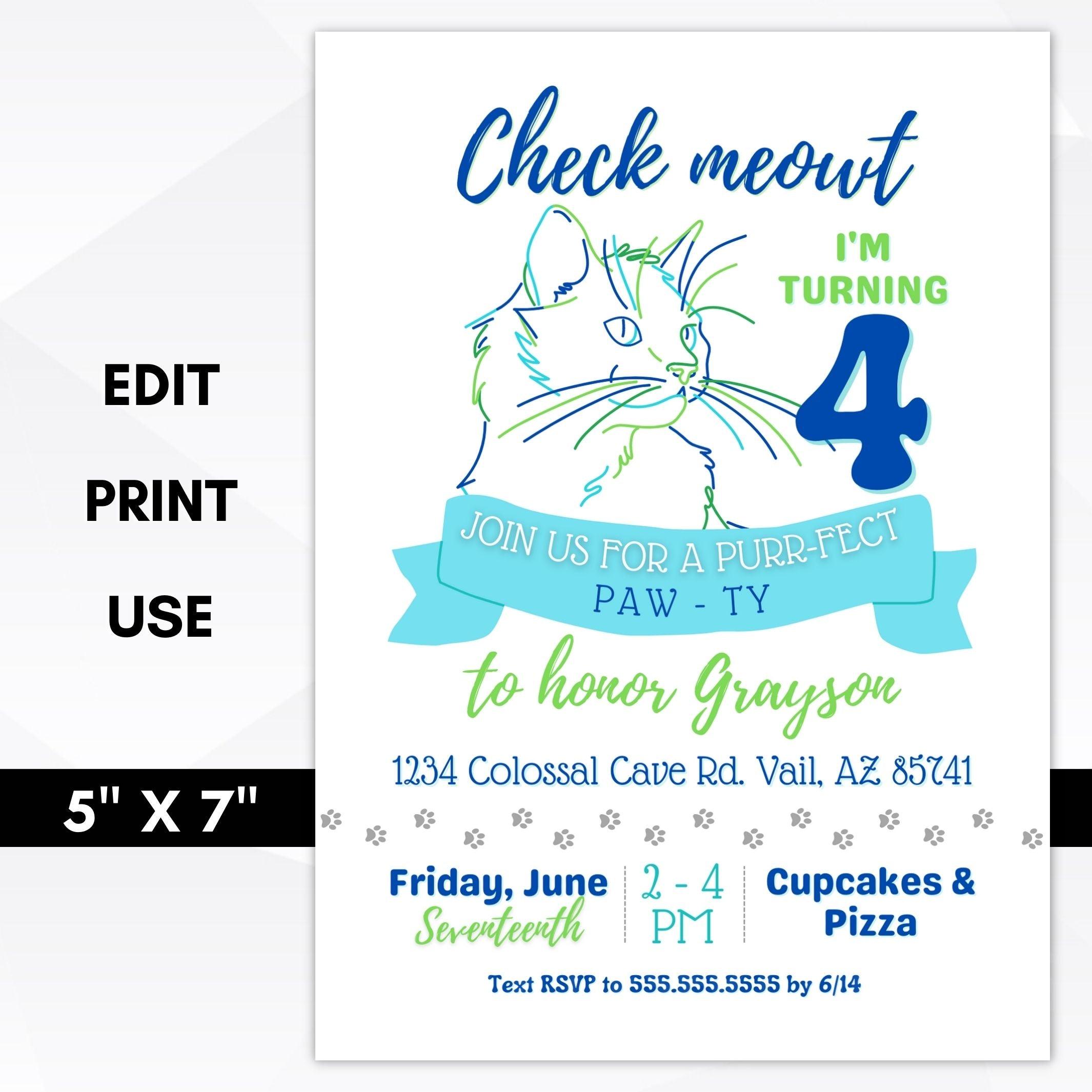 Check Meowt Cat Birthday Party Invite – Simple Desert Designs