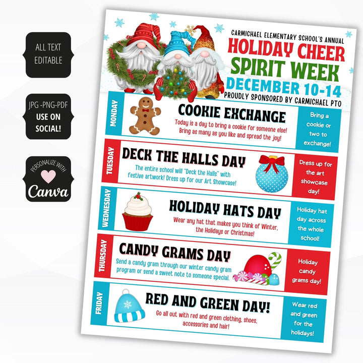 Winter Holiday School Spirit Week Schedule Flyers | Simple Desert Designs