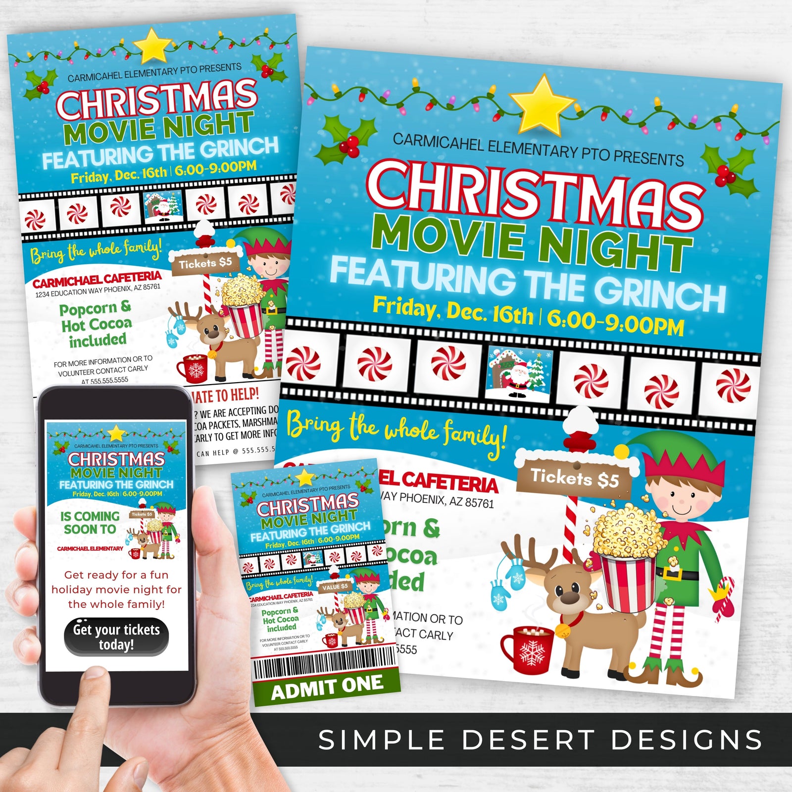 Christmas Movie Night Flyer & Ticket Bundle - Simple Desert Designs