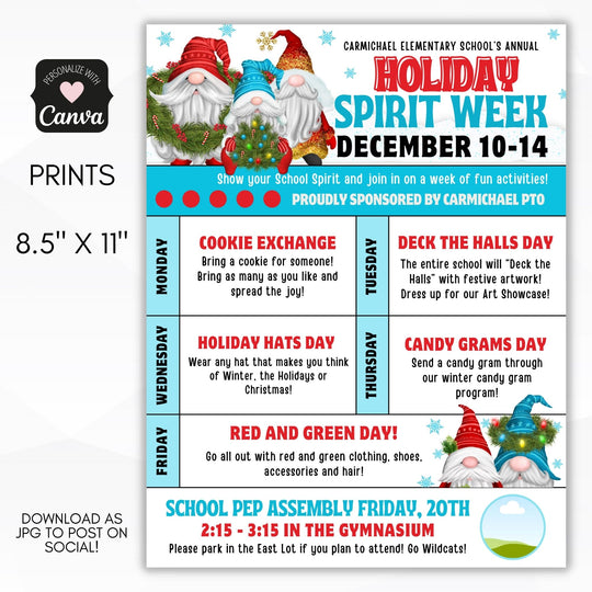 School Work Holiday Spirit Week Itinerary Schedule | Simple Desert Designs