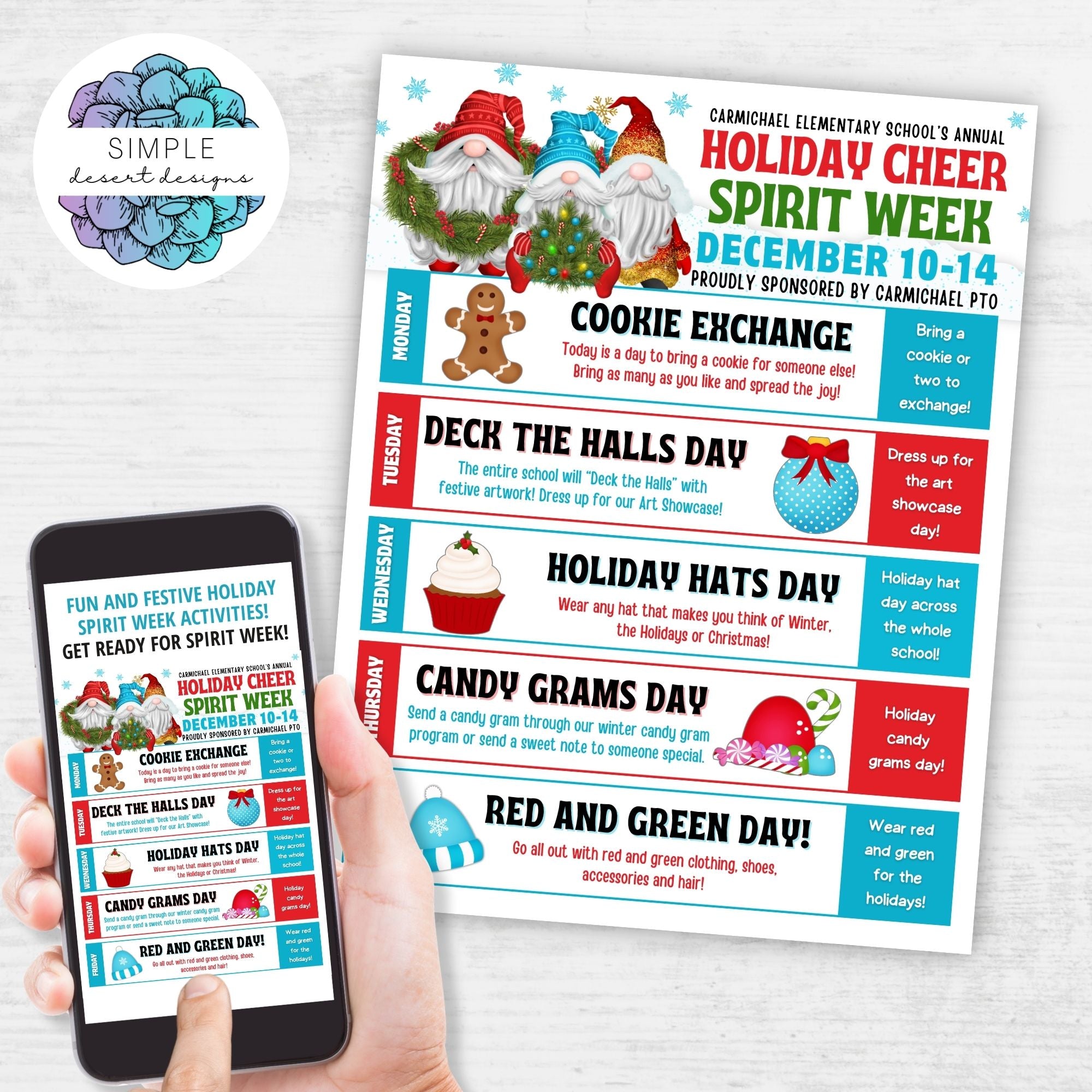 Winter Holiday School Spirit Week Schedule Flyers – Simple Desert Designs