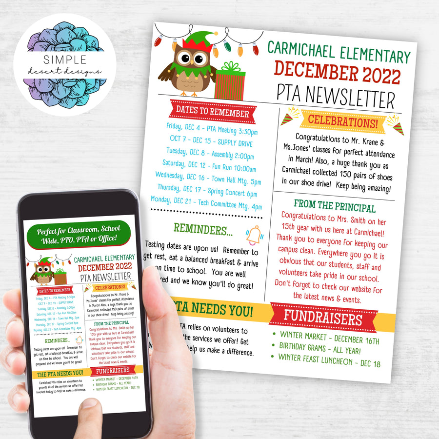 December PTO PTA Newsletter Flyer Handout – Simple Desert Designs