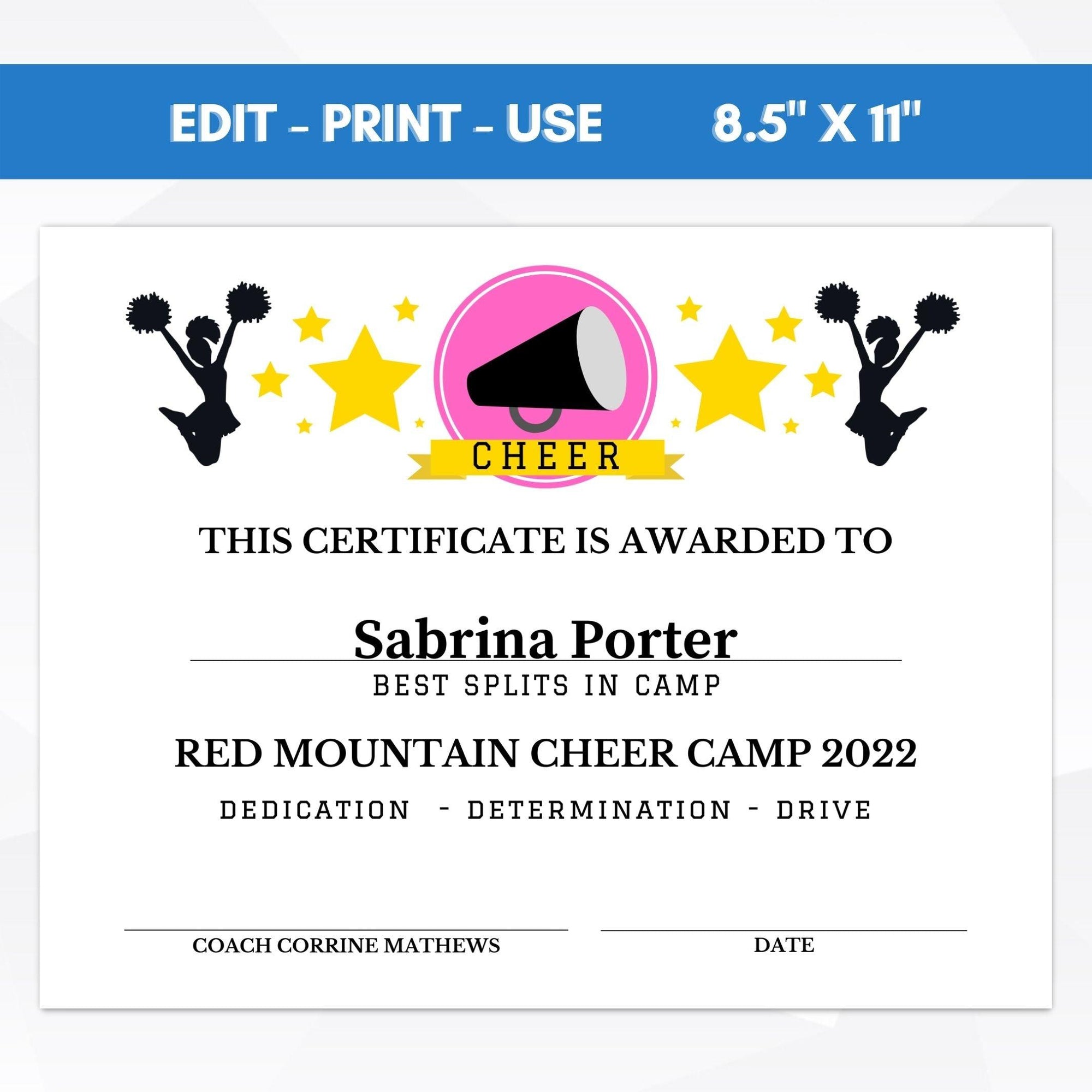 Editable Cheerleader Certificate Template - Simple Desert Designs