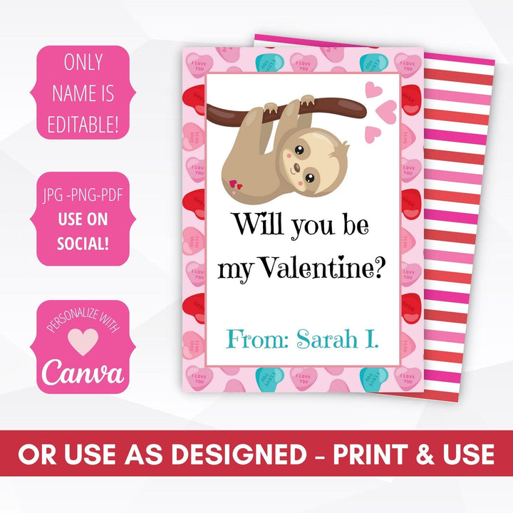 Editable Cute Sloth Valentines Cards – Simple Desert Designs