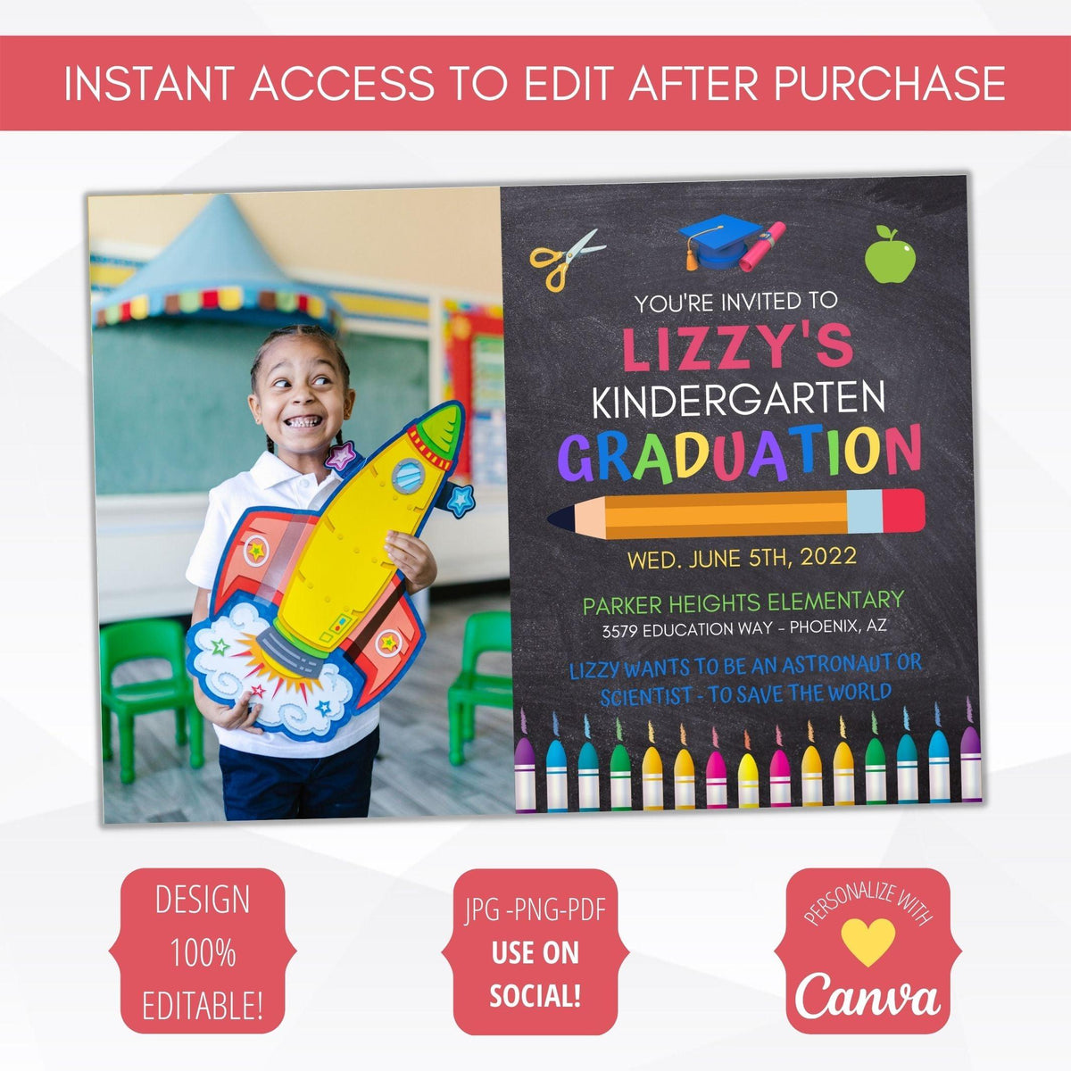 Editable Kindergarten Graduation Invitation with Photo - Simple Desert ...