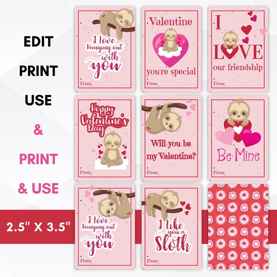 Editable Pink Sloth Valentines Cards – Simple Desert Designs