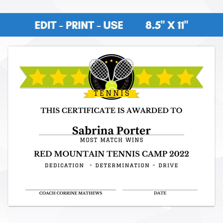 Editable Tennis Certificates Awards – Simple Desert Designs
