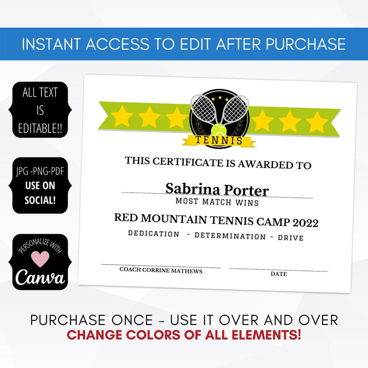 Editable Tennis Certificates Awards – Simple Desert Designs