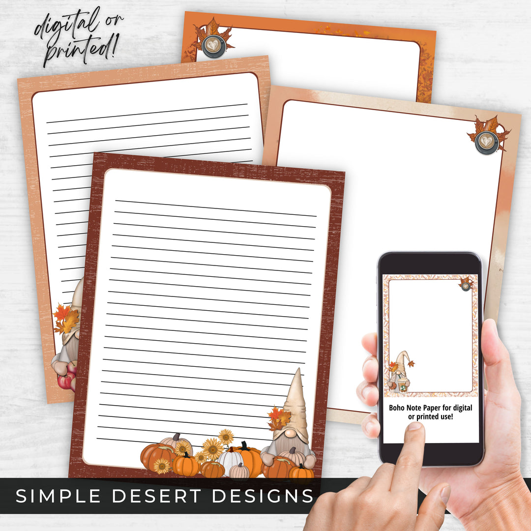Fall Gnome Journal Paper Stationery Set | Simple Desert Designs