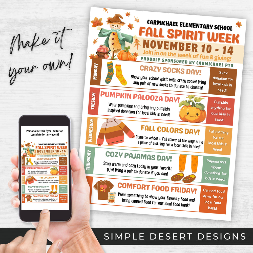 Fall School Spirit Week Flyer Template - Simple Desert Designs