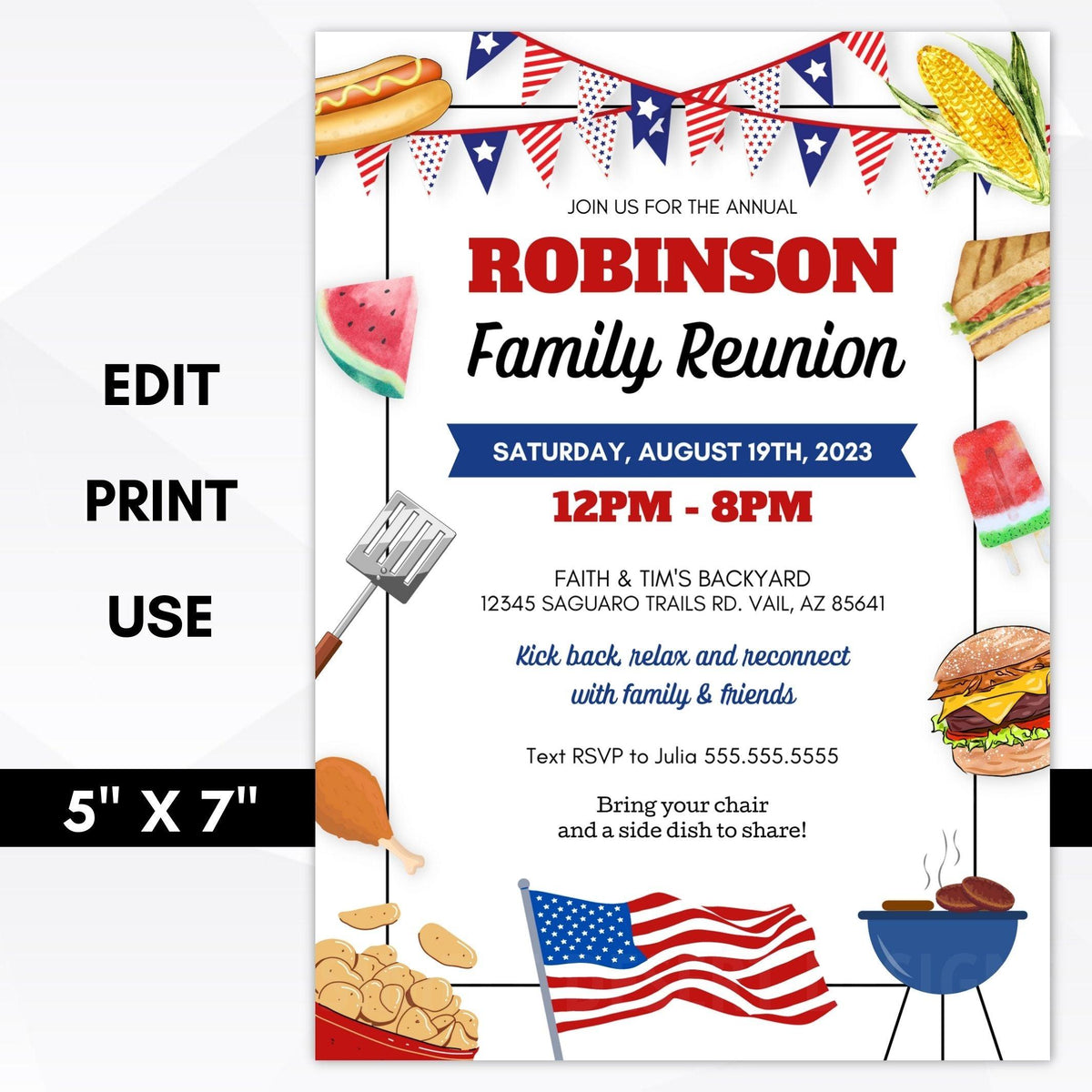 USA Family Reunion BBQ Invitation Template - Simple Desert Designs