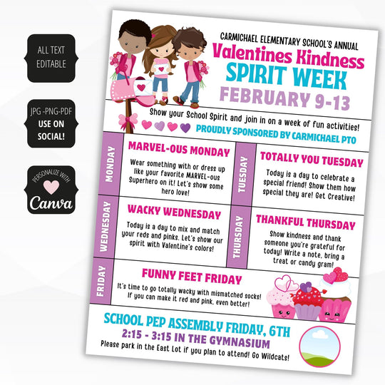 Valentine’s Kindness Spirit Week Flyers for Schools | Simple Desert Designs