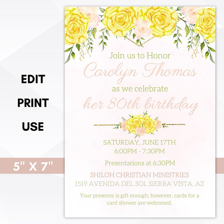 Yellow Rose Floral Birthday Invitation – Simple Desert Designs