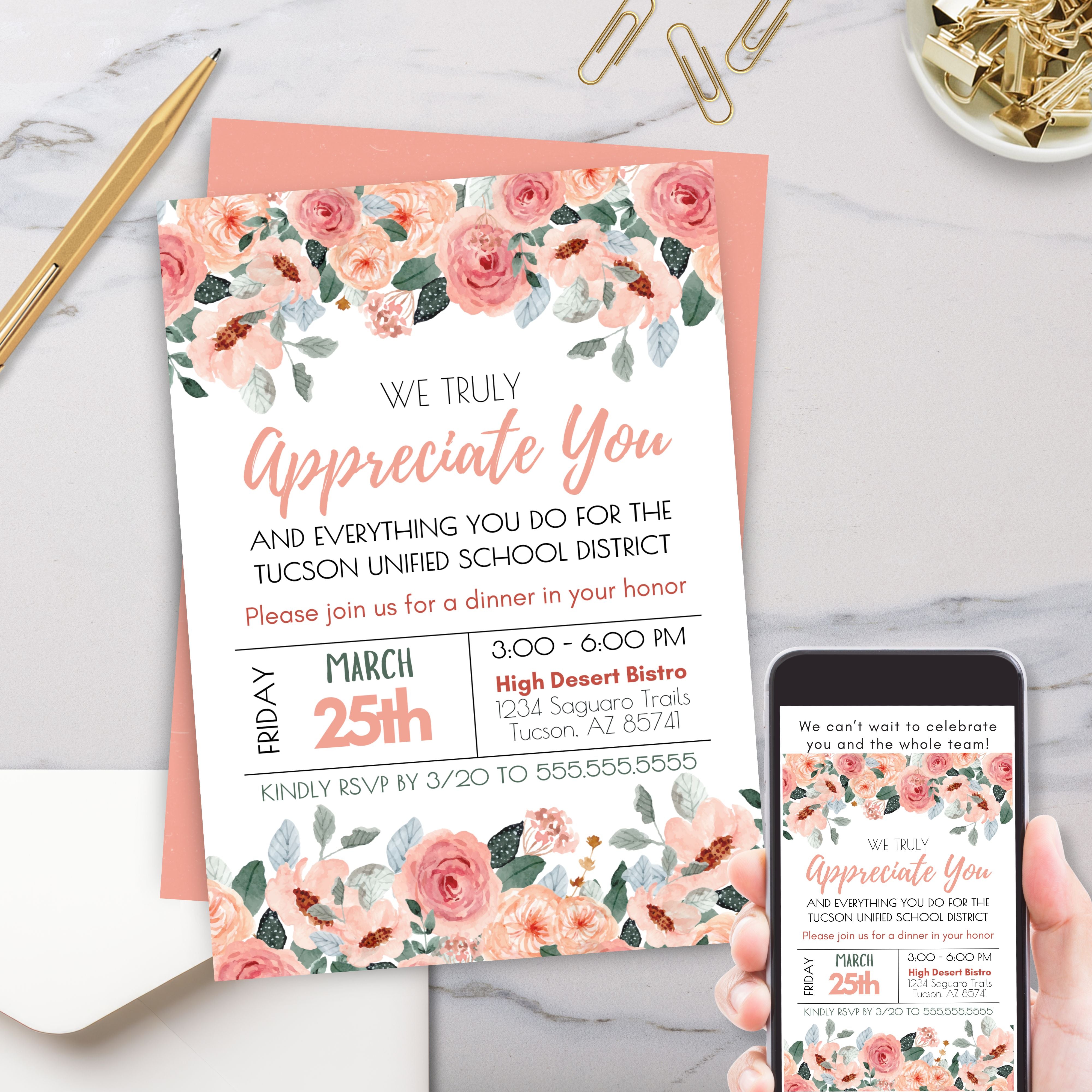 Floral Staff Appreciation Dinner Invite – Simple Desert Designs