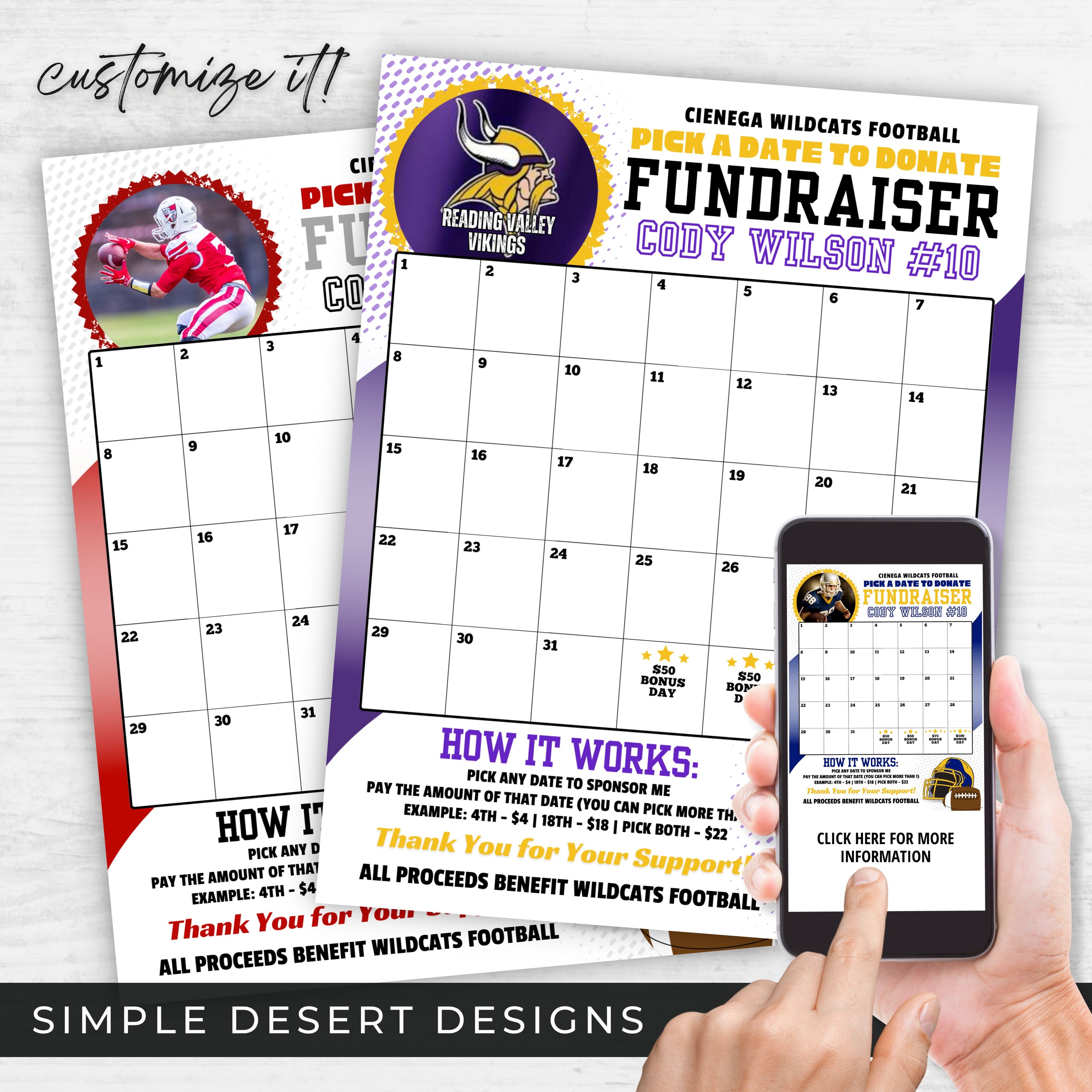 Football Calendar Fundraiser Pick a Day Flyer Template - Simple Desert ...