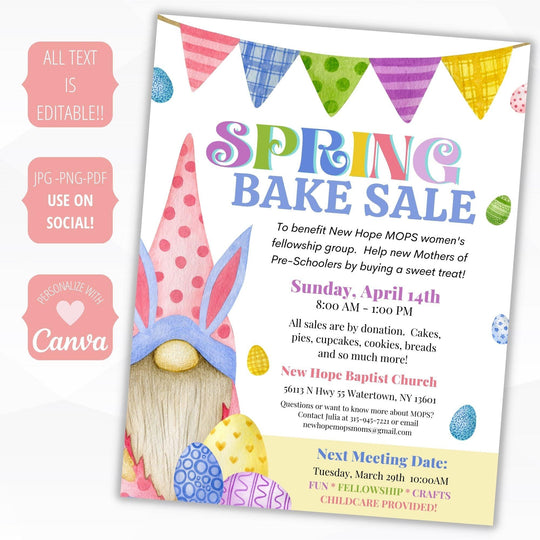 Gnome Spring Bake Sale Fundraiser Flyer – Simple Desert Designs