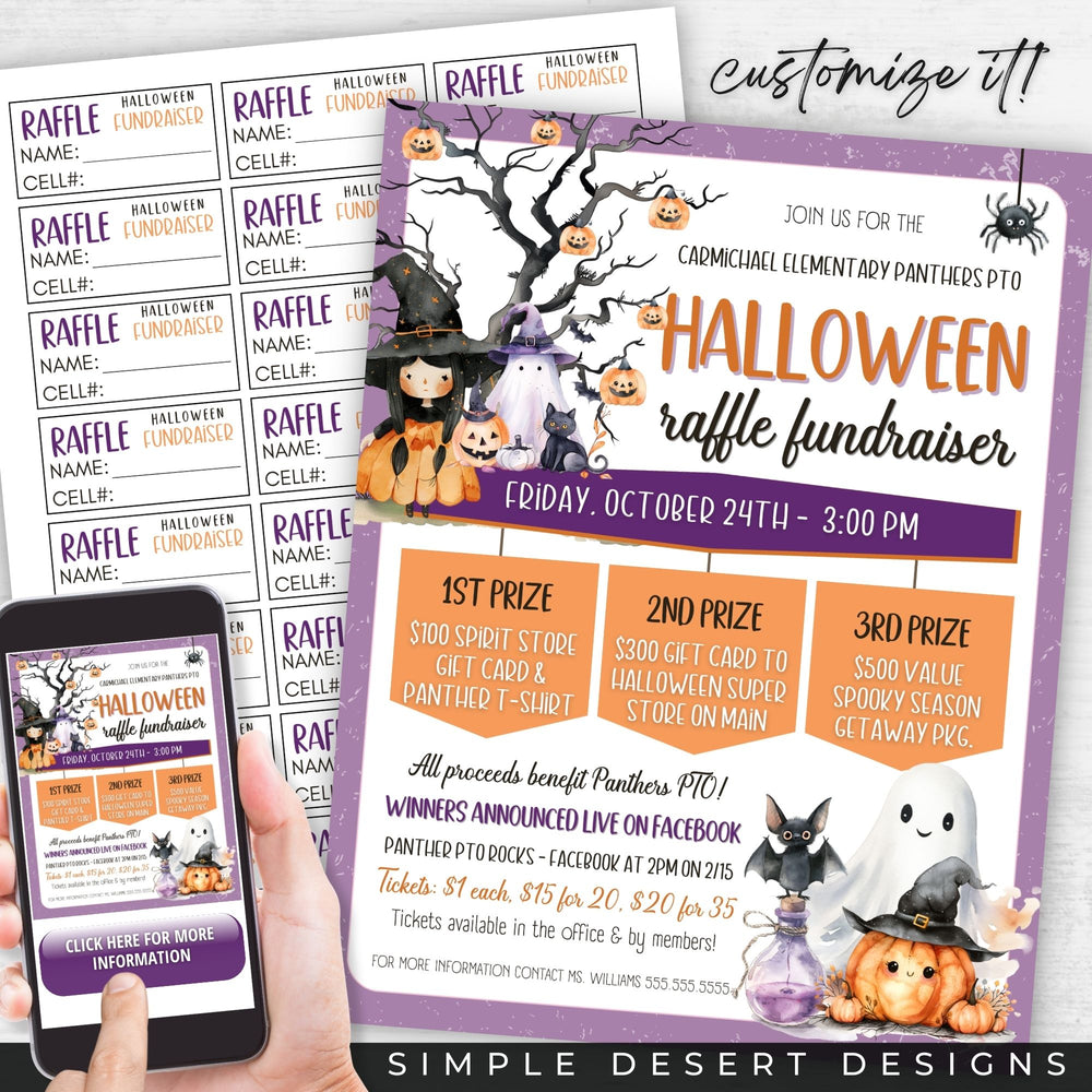 Purple Halloween Raffle Flyer & Ticket Template - Simple Desert Designs