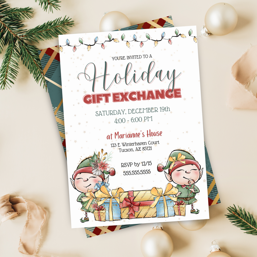 Elf Holiday Gift Exchange Party Invite – Simple Desert Designs