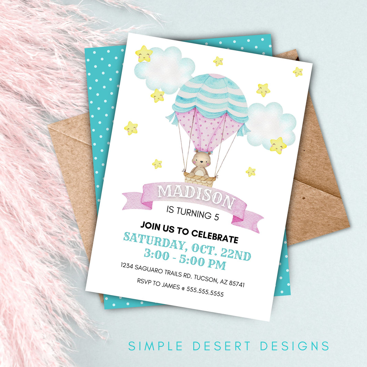 Hot Air Balloon Birthday Invitation Template - Simple Desert Designs