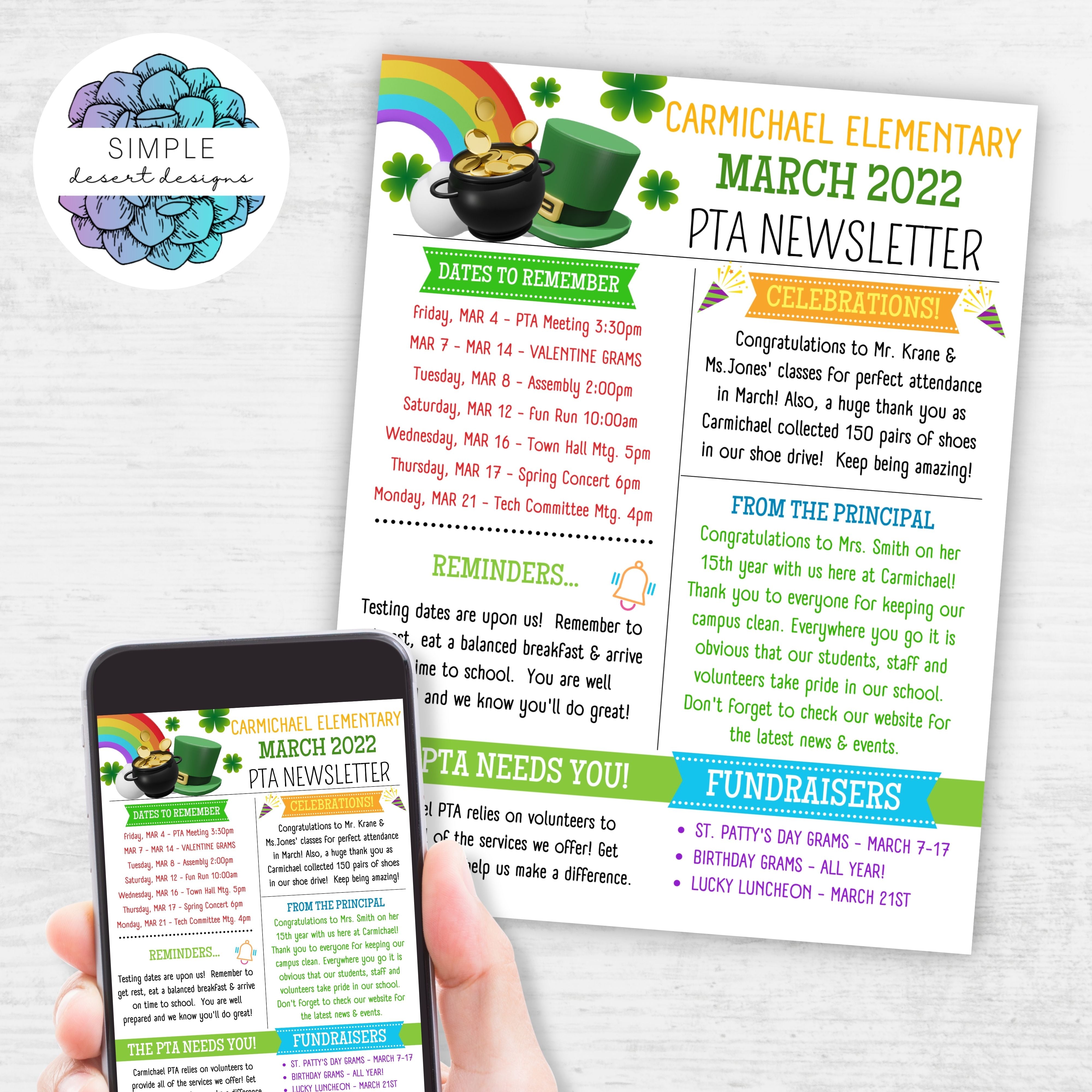 March PTO PTA Newsletter Flyer Handout – Simple Desert Designs