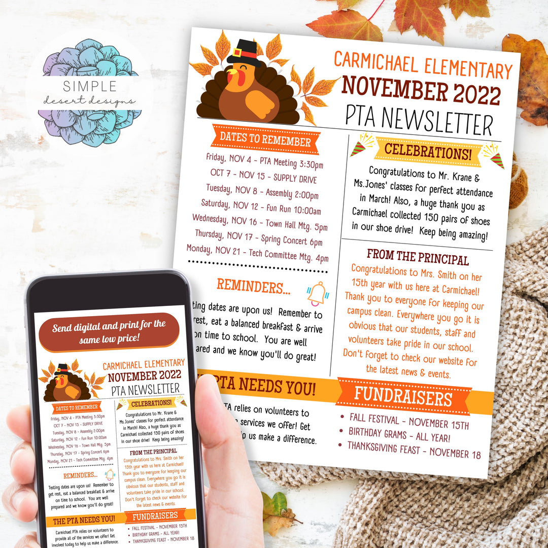 November PTO PTA Newsletter Flyer Handout | Simple Desert Designs