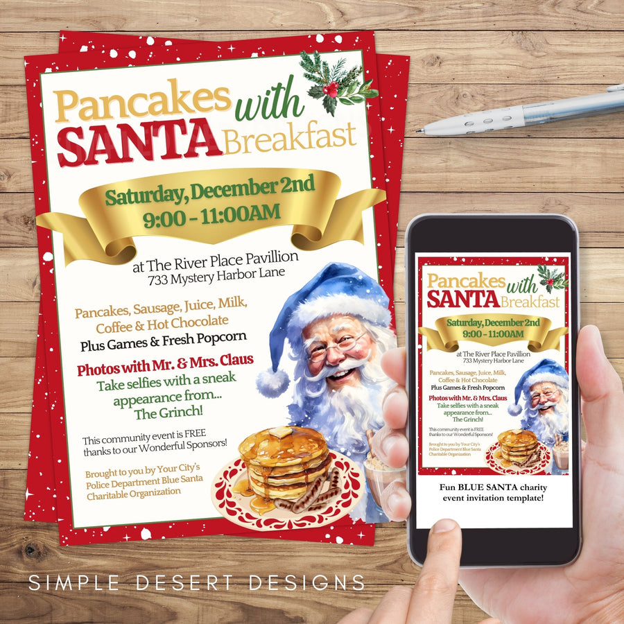 Pancakes with Blue Santa Charity Event Invitation – Simple Desert Designs