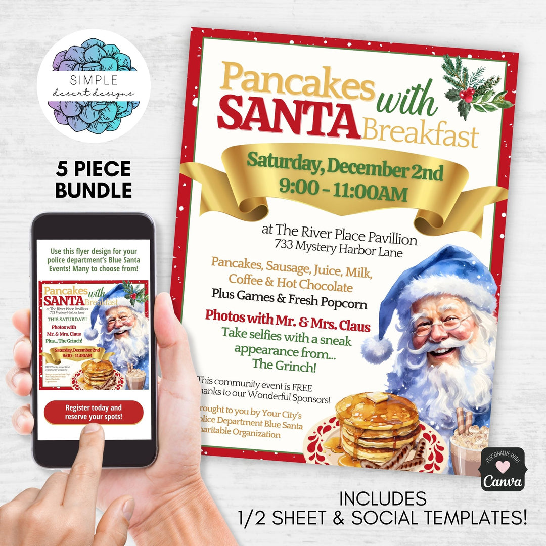 Pancakes with Blue Santa Event Flyers | Simple Desert Designs