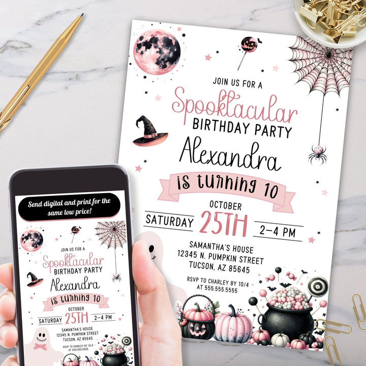 Pink Spooky Halloween Birthday Party Invite – Simple Desert Designs