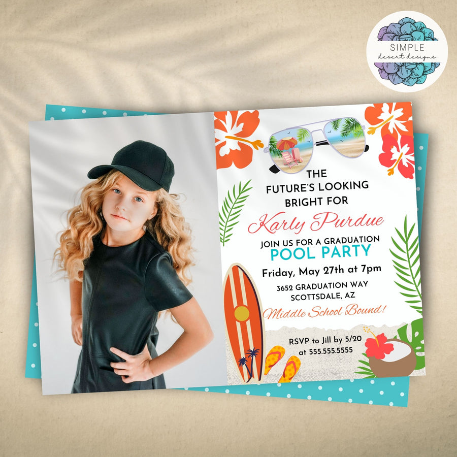 Pool Party Graduation Beach Theme Invite – Simple Desert Designs