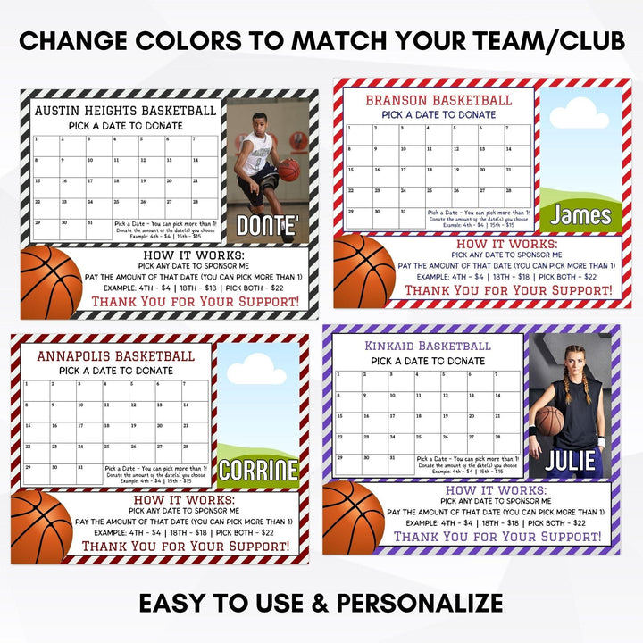 Premium Basketball Pick a Date to Donate Cash Calendar Fundraiser ...