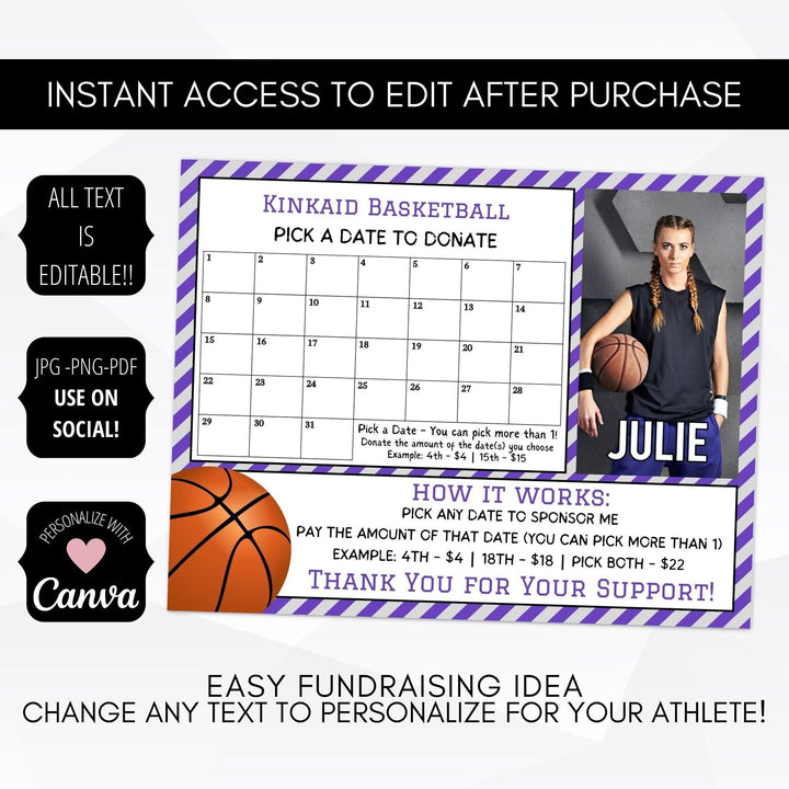Premium Basketball Pick a Date to Donate Cash Calendar Fundraiser ...