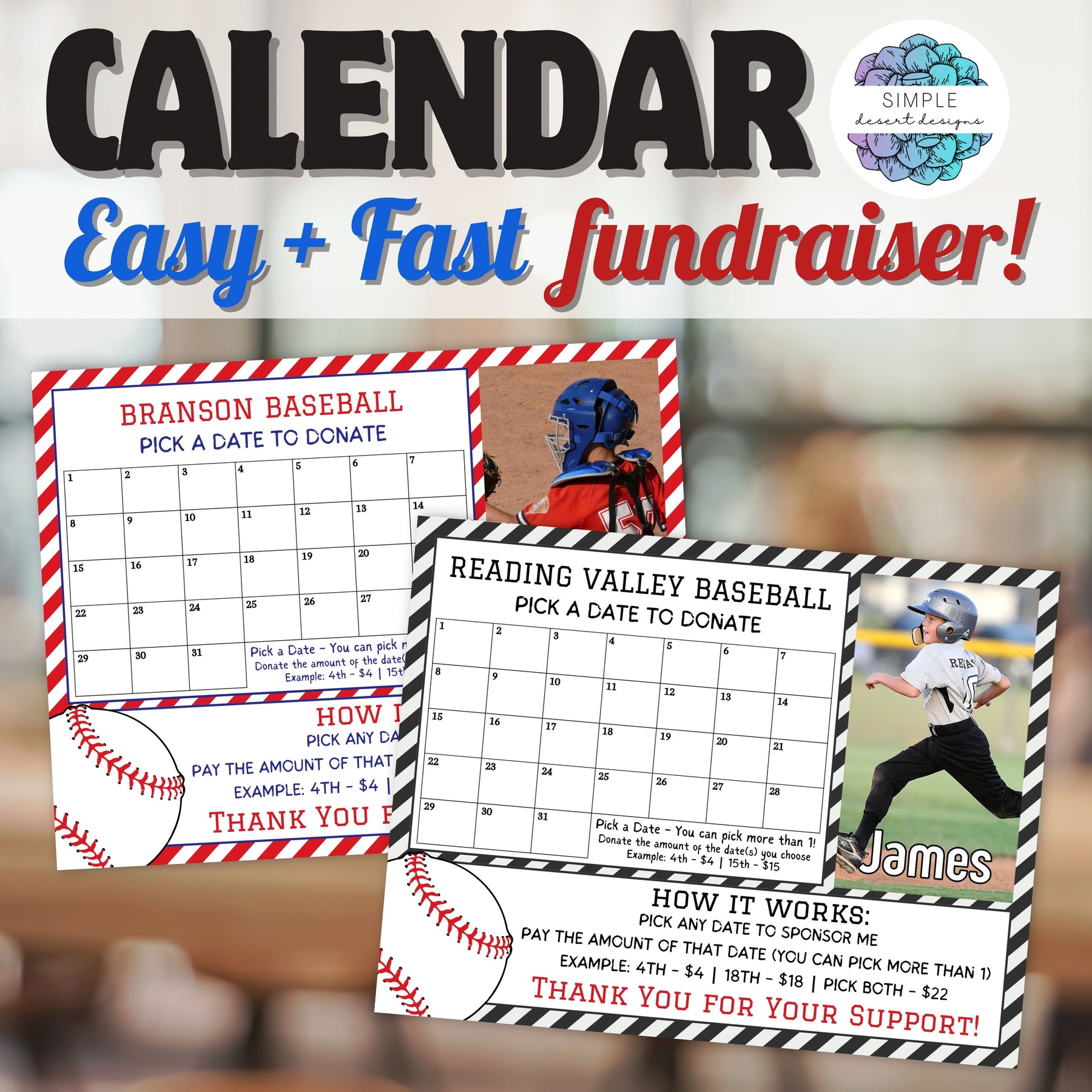 Premium Baseball Pick a Date to Donate Cash Calendar Fundraiser ...