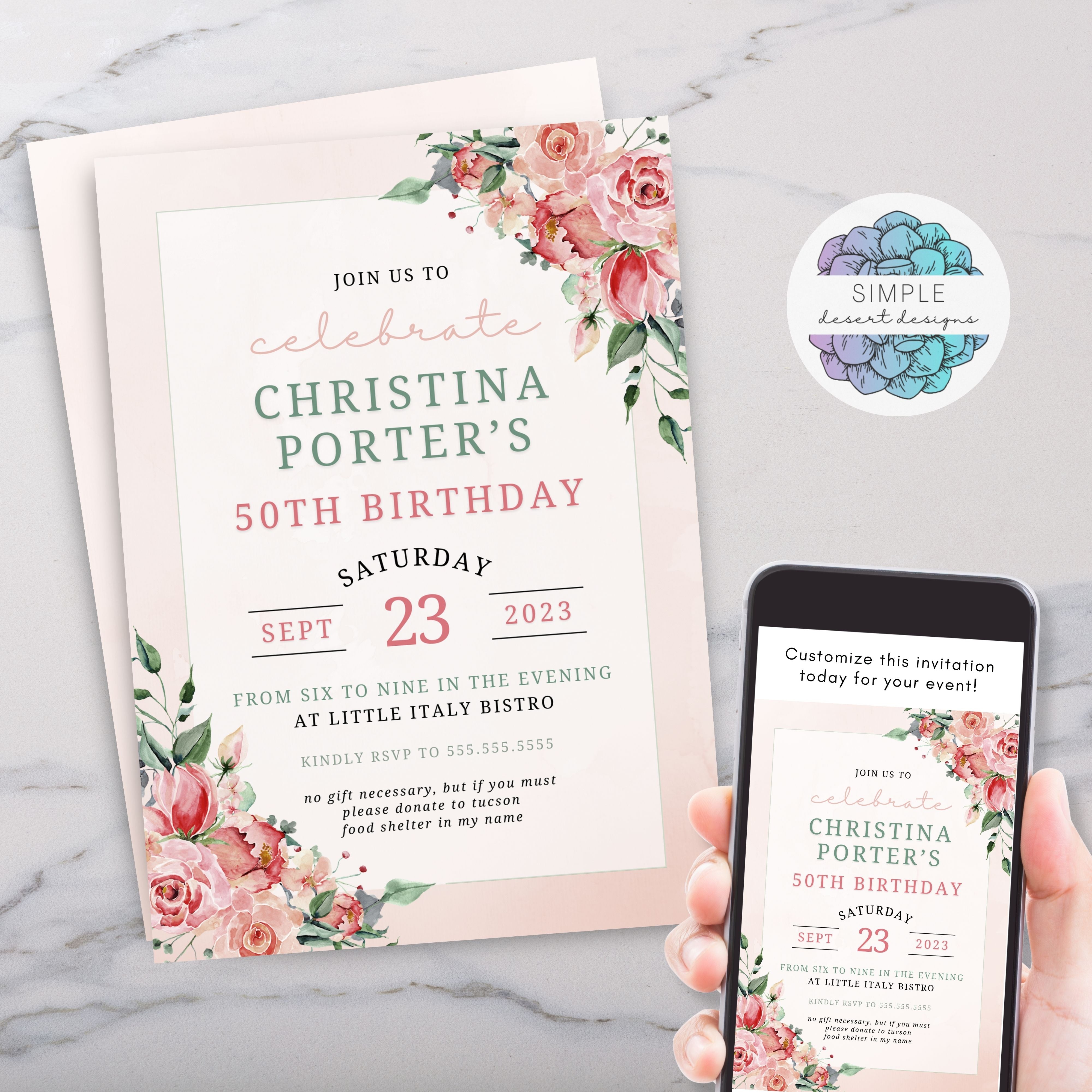 Rose Milestone Party Invitation – Simple Desert Designs