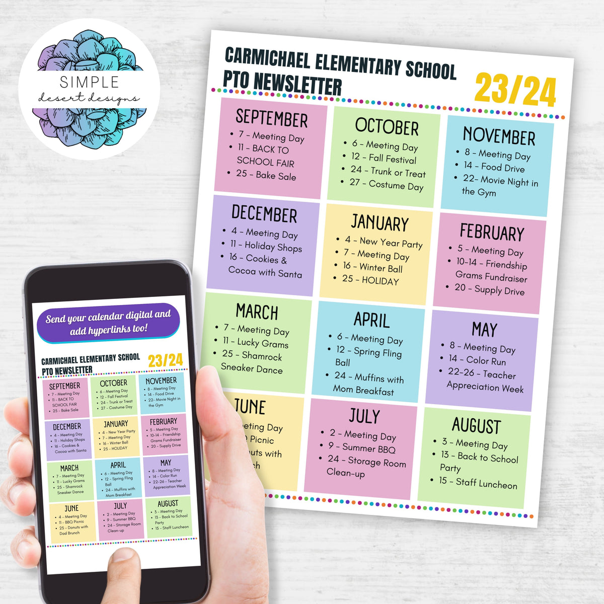 Editable School PTO Event Calendar - Simple Desert Designs