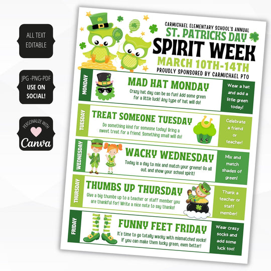 St Patrick’s Day Spirit Week Flyer – Editable Canva Template | Simple ...