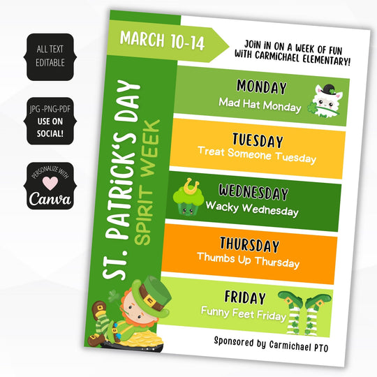 St Patricks Spirit Week Itinerary Flyer | Simple Desert Designs