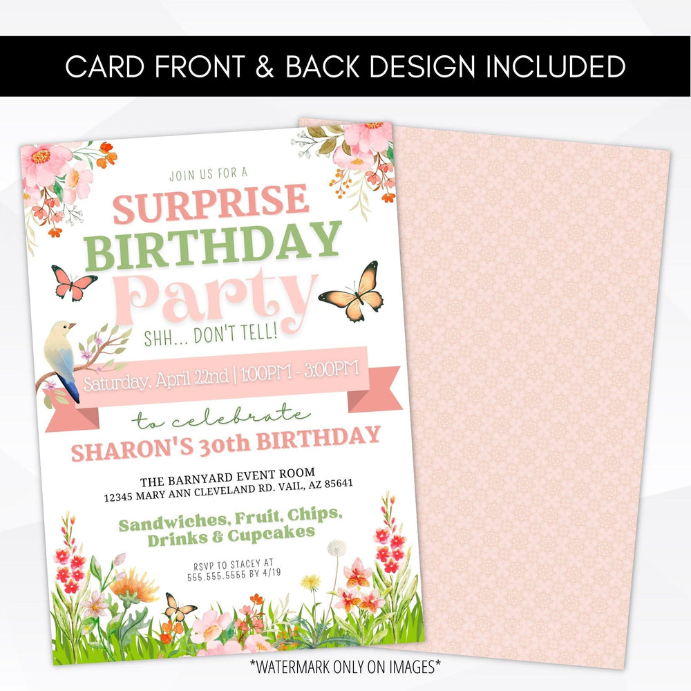 Spring Flowers Surprise Birthday Party Invitation | Simple Desert Designs