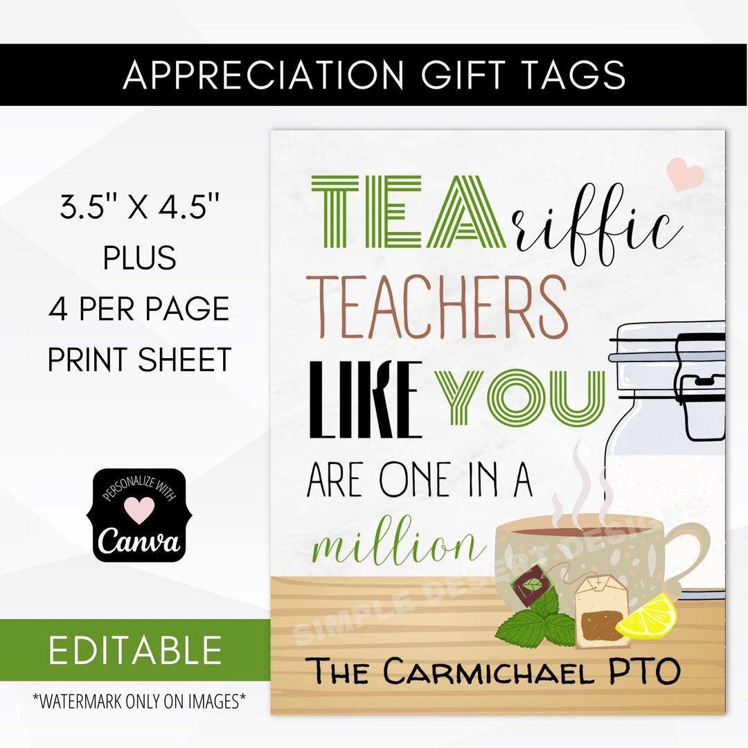 Tea Theme Appreciation Gift Tag Editable | Simple Desert Designs