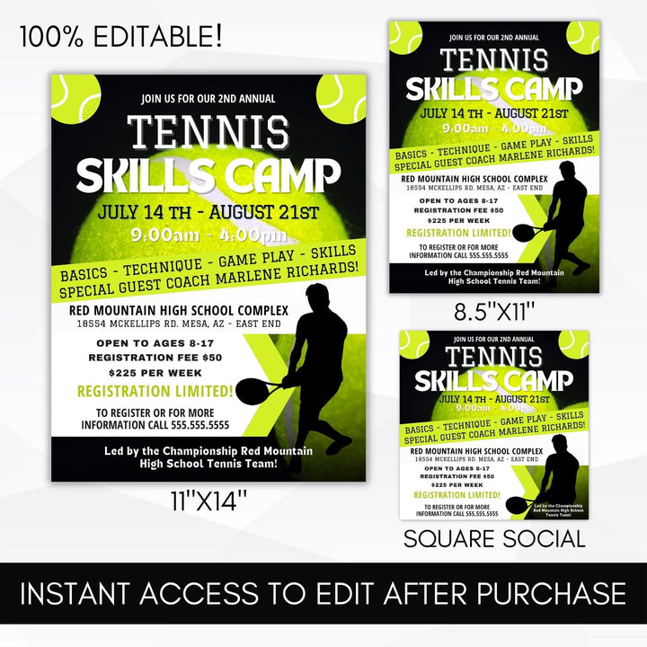 Tennis Skills Camp Flyer Marketing Set Editable Template | Simple ...