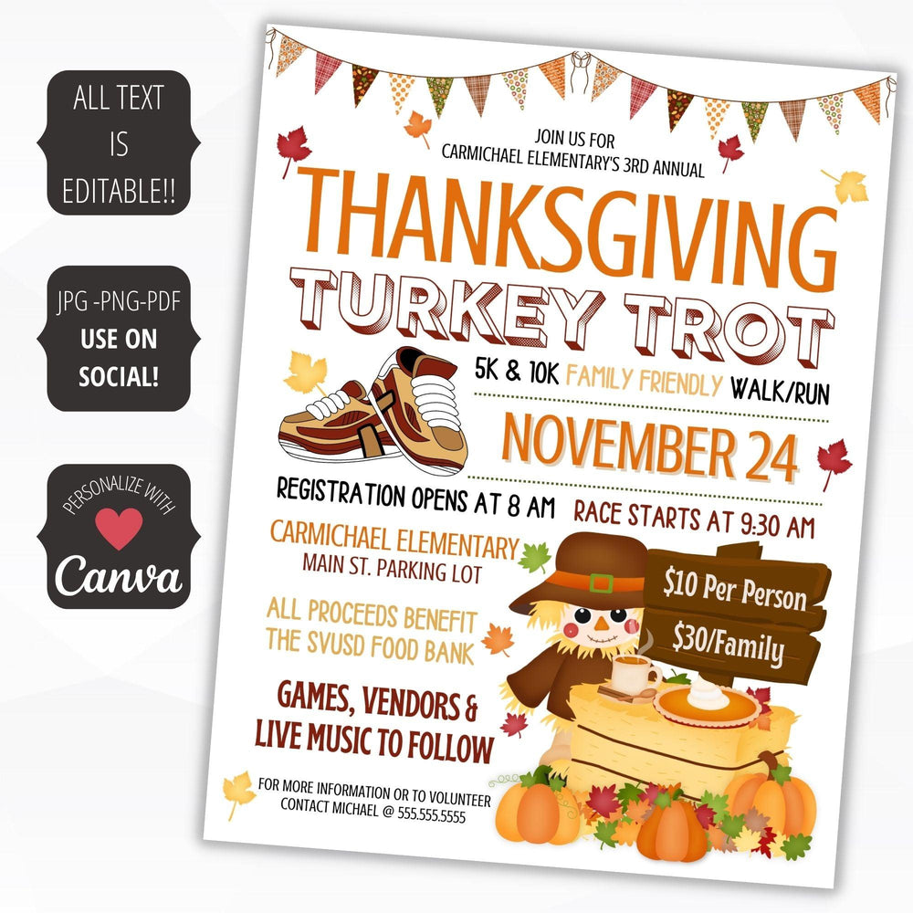 Thanksgiving Fundraiser Flyer Turkey Trot 5K 10K Fun Run | Simple ...